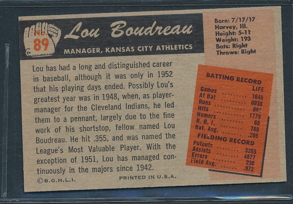 1955 Bowman #89: LOU BOUDREAU Manager, Kansas City Athletics ~ NM ...