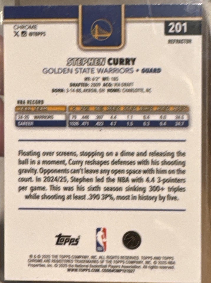 2025-26 Topps Chrome #201 Stephen Curry Chrome Refractor Golden State ...