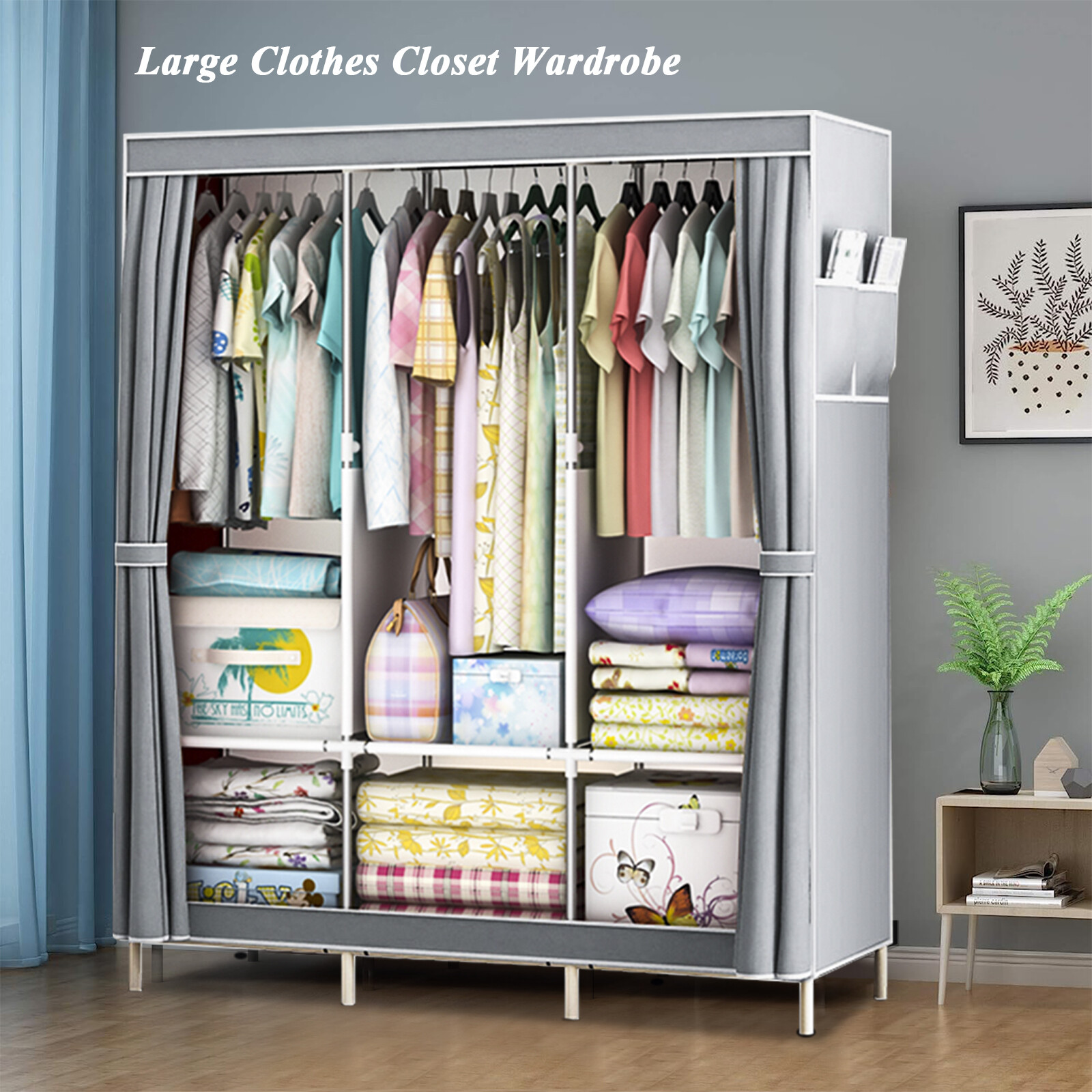 Practical Fabric Canvas Wardrobe Hanging Rail Clothes Shelving Storage ...