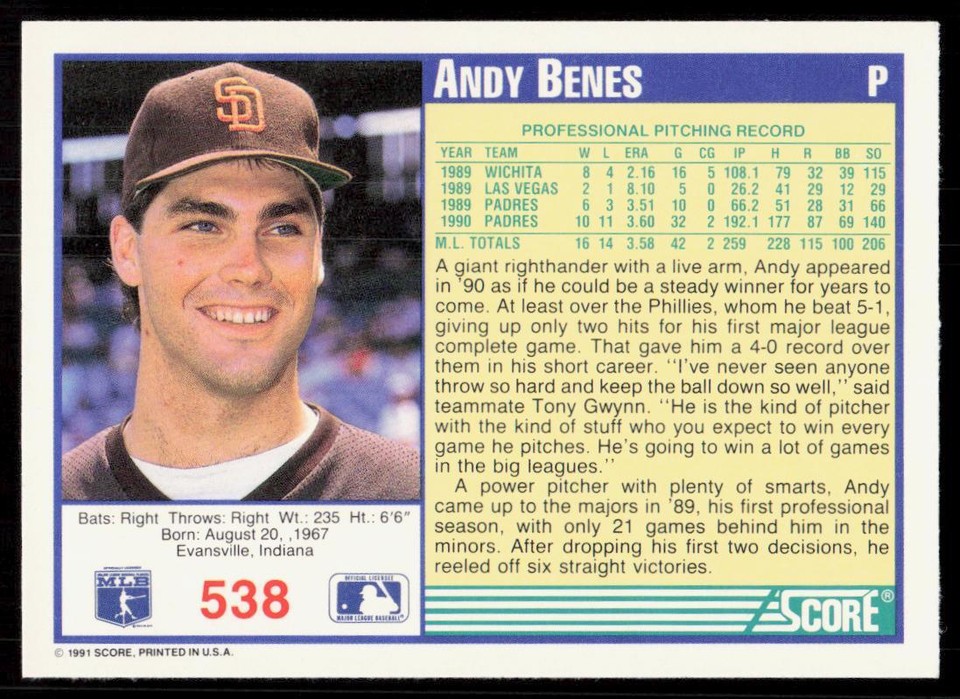 1991 Score 538 Andy Benes San Diego Padres | eBay