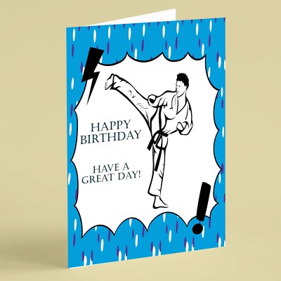 Male doing karate kick sport birthday card for son grandson brother ...