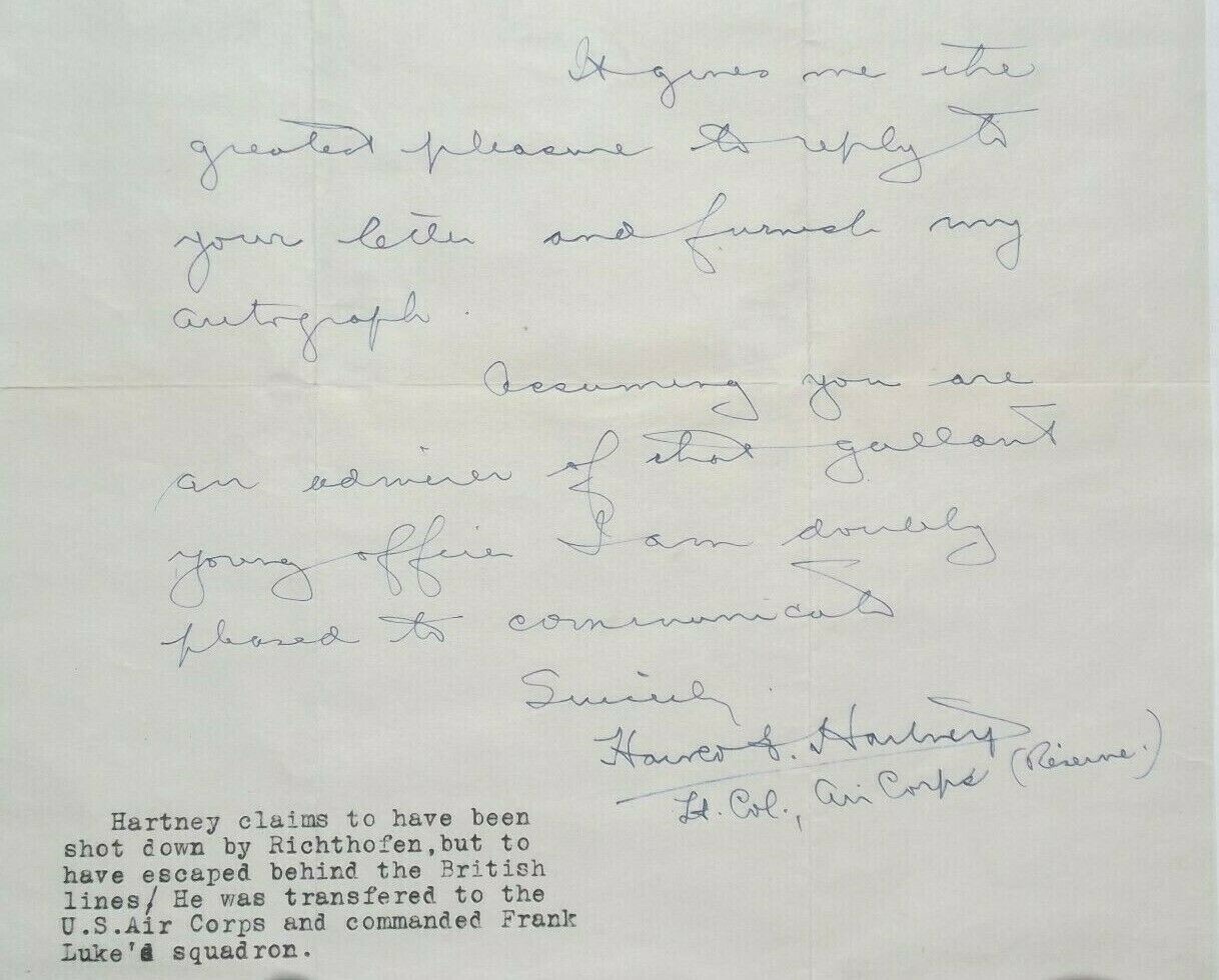 Harold Hartney World War I Ace RAF & 27th Squadron 7 Victories Signed ...
