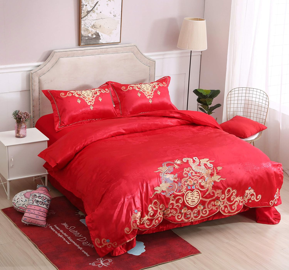 Chinese Wedding Bedding Set Queen 4Pcs – Red Satin Sheets with Dragon ...