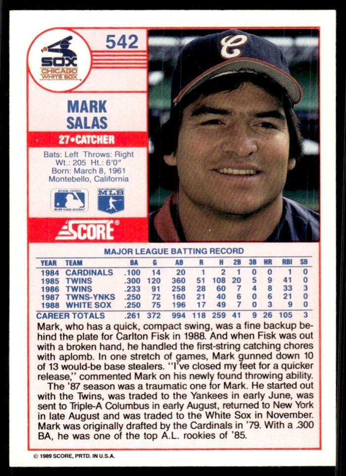 1989 Score Baseball Card Mark Salas Chicago White Sox #542 | eBay