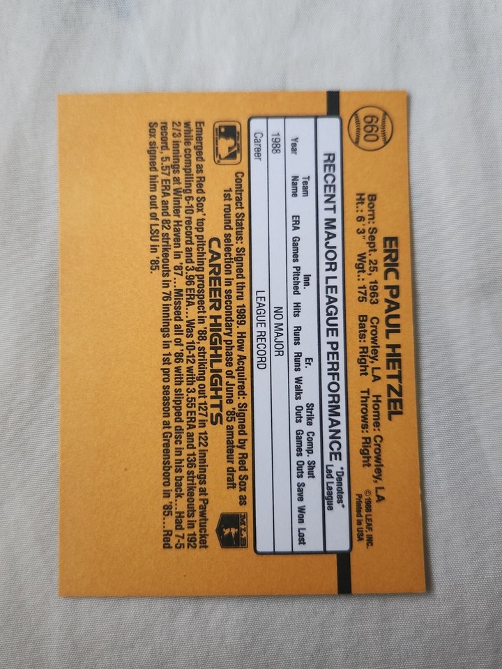 1989 Donruss Eric Hetzel Rookie Boston Red Sox #660 | eBay