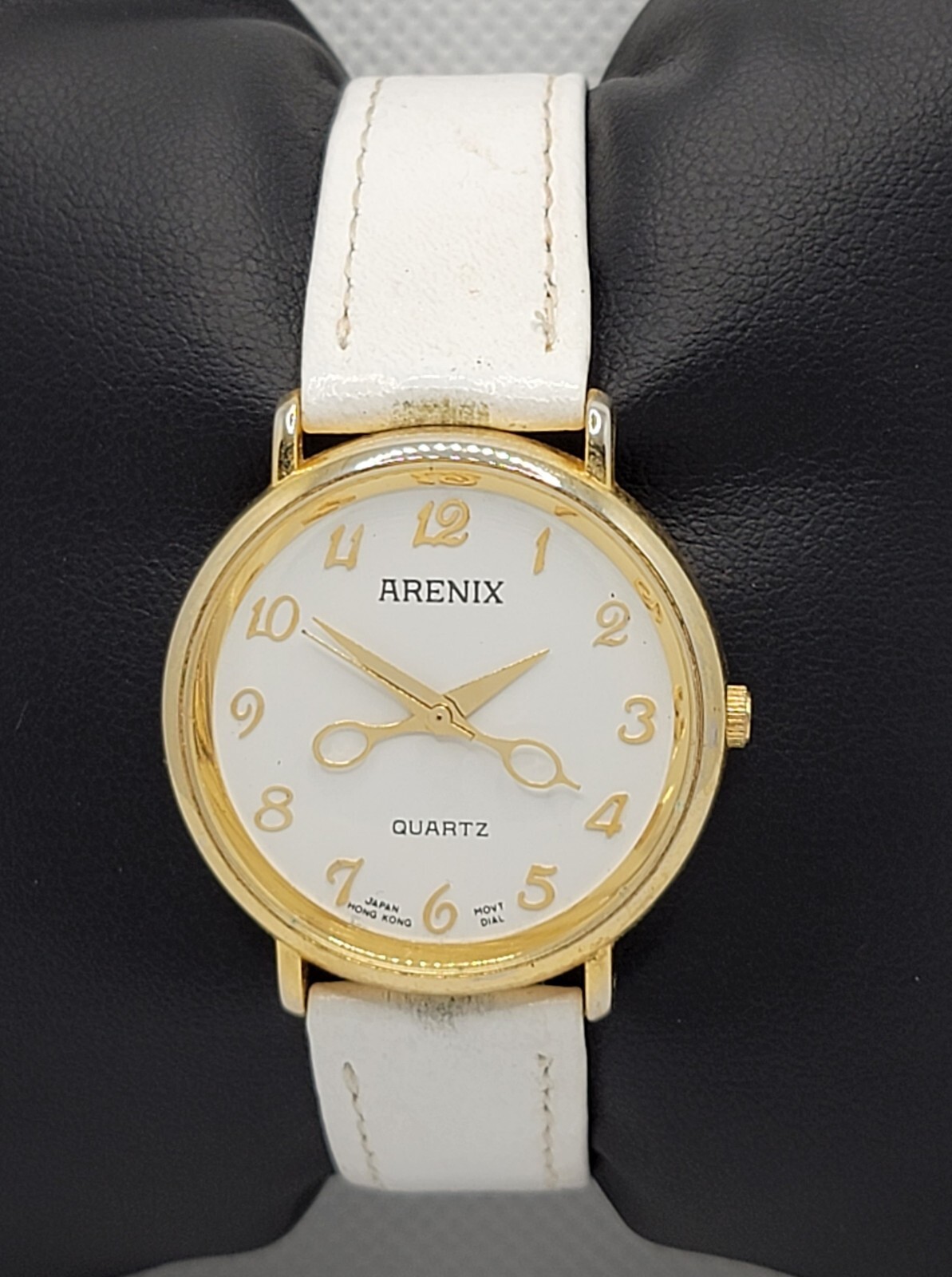 Ladies Arenix Gold Tone Hairdresser Scissor Dial White Leather Band ...