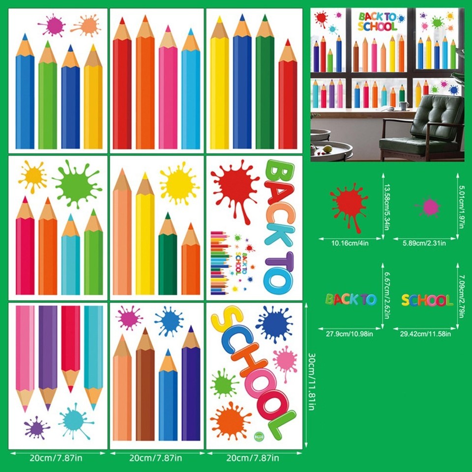 School Season Pencil Window Clings Reusable Double Sided 9 Sheets ...