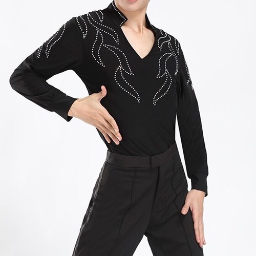 Men Latin Salsa Dance Skating Clothes Costume Long Sleeve Stretch Top ...
