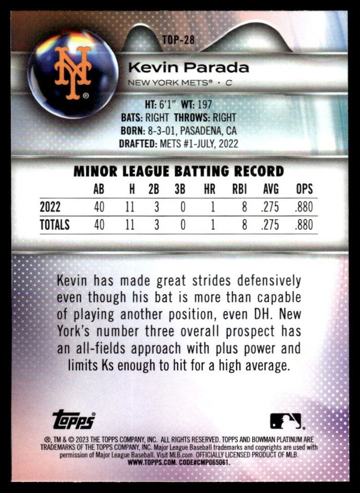 Kevin Parada 2023 Bowman Platinum Top Prospects Card #TOP-28 New York ...