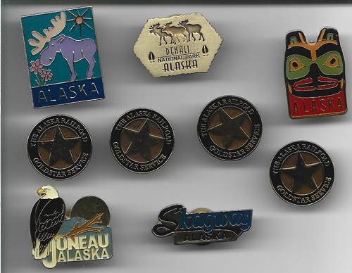 LOT 9 VINTAGE ALASKA PINS JUNEAU DENALI SKAGWAY MOOSE TOTEM RAILROAD ...