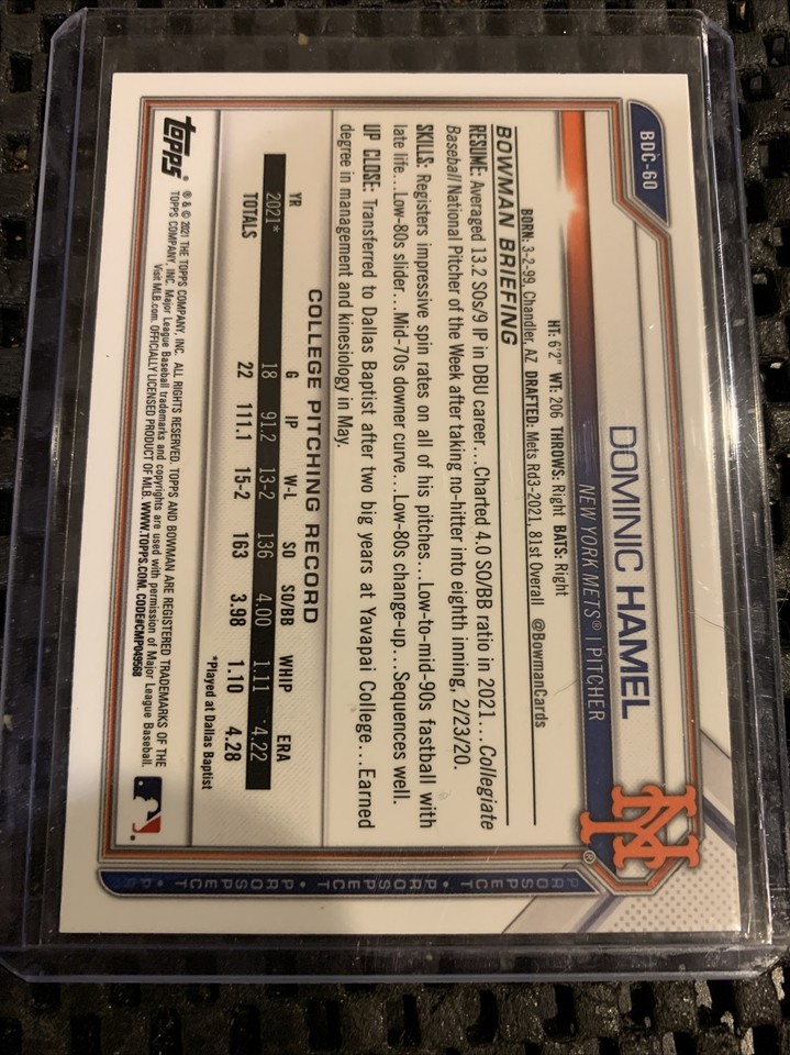 DOMINIC HAMEL 2021 BOWMAN DRAFT CHROME SKY BLUE REFRACTOR 1ST PROSPECT ...