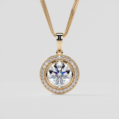 2.15CT Lab Grown Diamond Round Cut Slider Halo Pendant 14K Gold Sleek ...