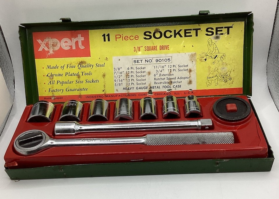 Vintage INDESTRO *XPERT* 3/8 Drive 11 Piece S.A.E Socket SET #90105 ...
