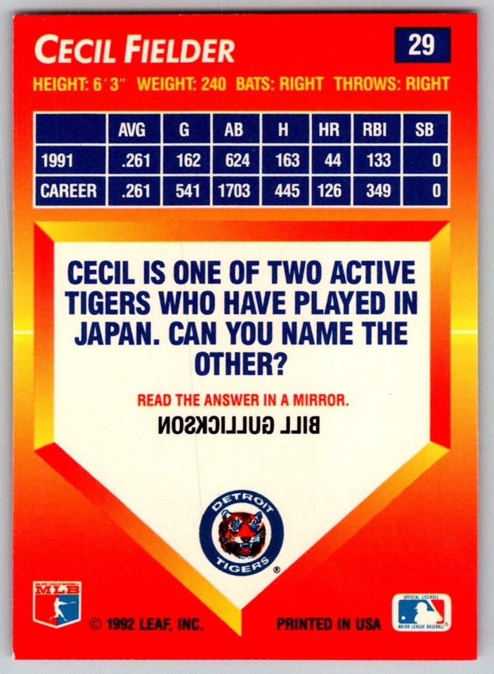 1992 TRIPLE PLAY CECIL FIELDER DETROIT TIGERS #29 | eBay