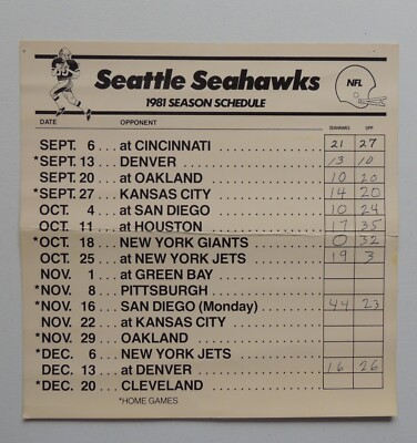 Seattle Seahawks NFL Season Schedule 1981 Football Score Card 11" X 11 ...