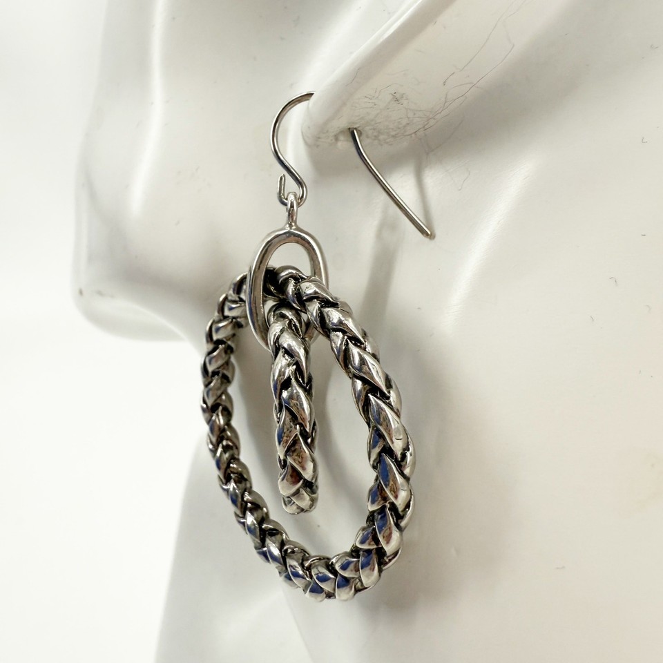 Ralph Lauren RLL silver metal Double Hoop Earrings woven braid rope ...