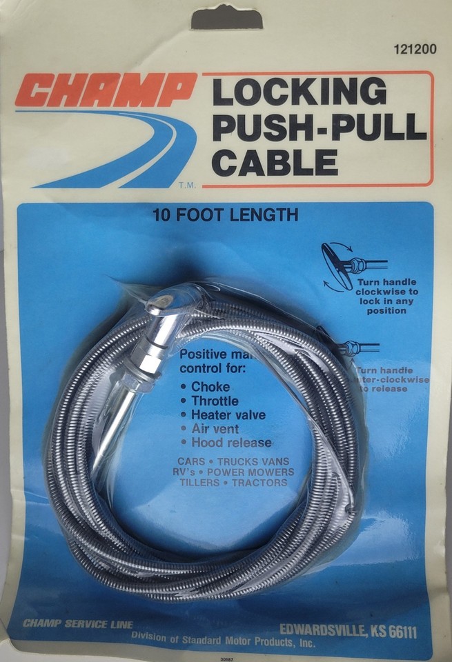 Champ Universal 10ft Push Pull Control Cable Locking T-Handle Positive ...