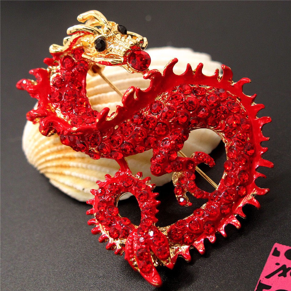 New Holiday gifts Red Cute Bling Rhinestone Chinese Dragon Charm Brooch ...