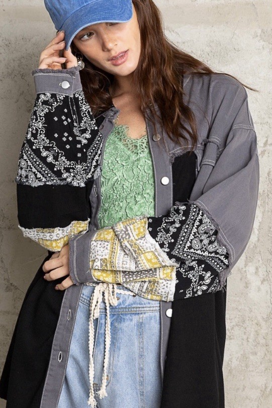 POL Patchwork Button Up Shacket Lightweight Jacket Black/Grey Oversized ...