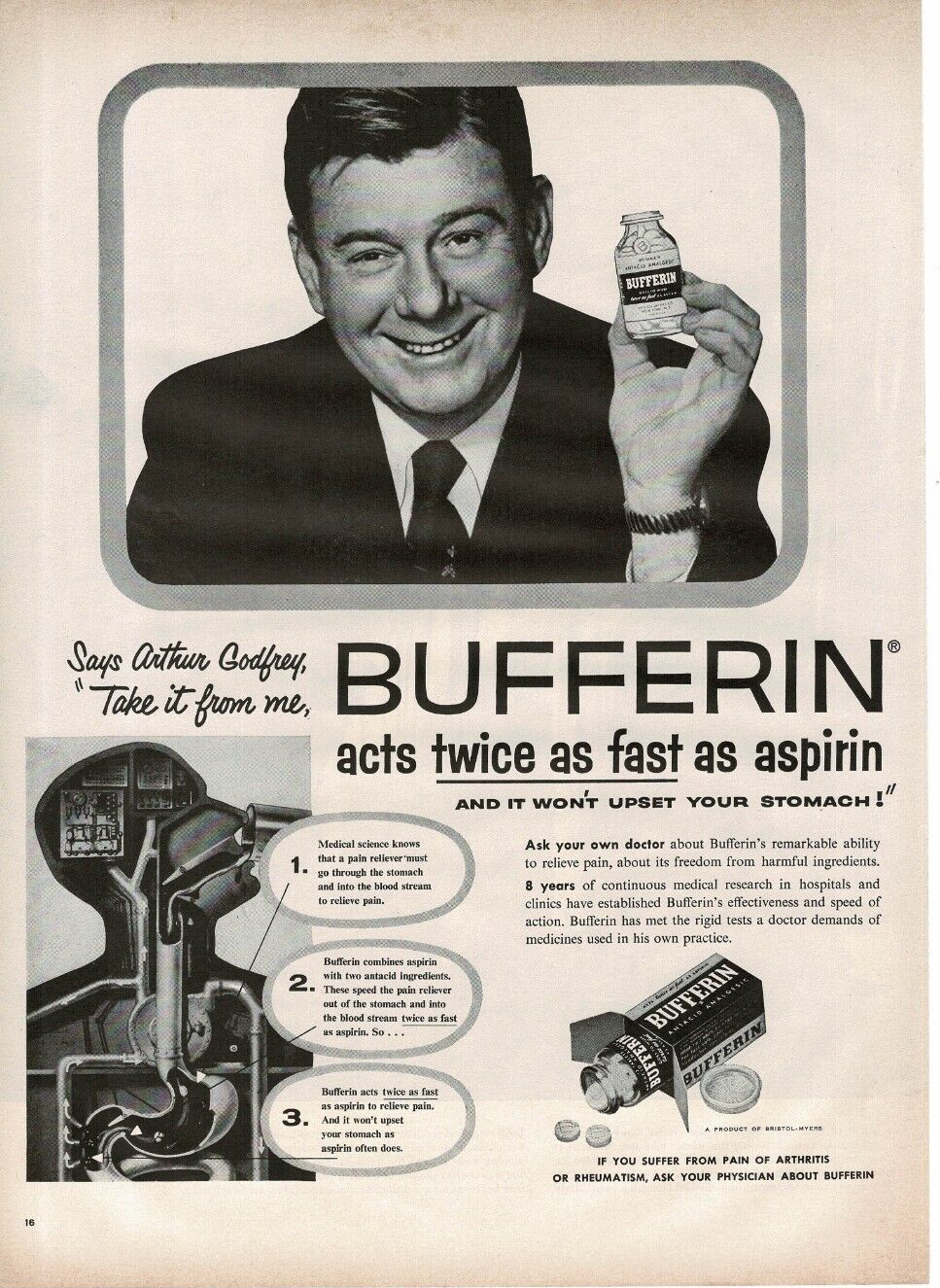 1956 Bufferin Pain Reliever Medicine Arthur Godfrey Vintage Print Ad | eBay