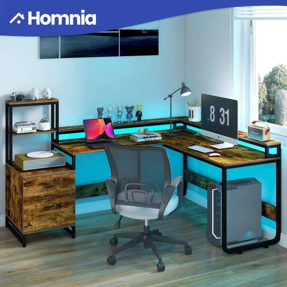 L Shaped Computer Desk w/ File Drawers Storage Monitor Stand LED Lights ...