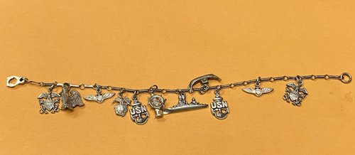 WWII Sweetheart STERLING 11 Charm Bracelet USMC EGA USN Anchor ...