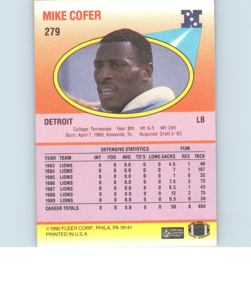Mike Cofer 279 Lions 1990 Fleer NFL Football Trading Card | eBay