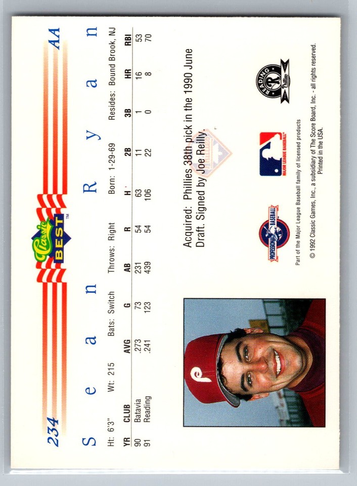 Sean Ryan 1992 Classic Best Set Break BASEBALL #234 Reading Phillies | eBay