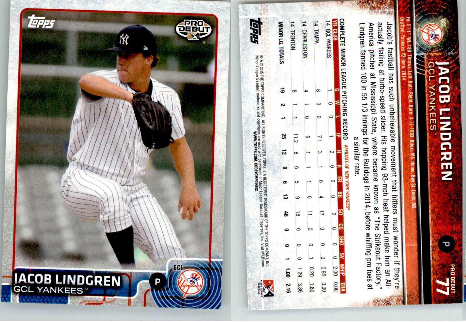 Jacob Lindgren 2015 Topps Pro Debut #77 GCL Yankees | eBay