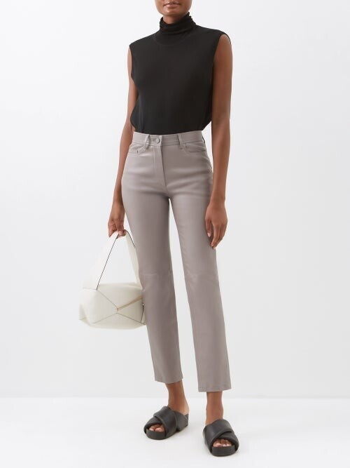 $1565 JOSEPH Grey Leather Stretch Teddy Trousers Size 40 (US sz 8 / L ...