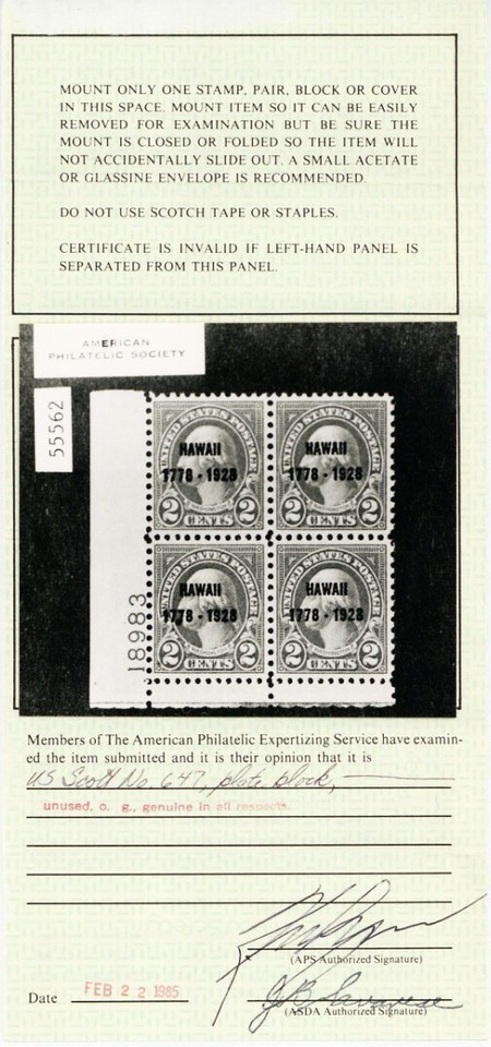 647, Mint VF/XF NH 2¢ Hawaii Plate Block With APS Certificate Stuart ...