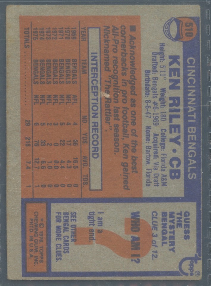 1976 Topps #510 Ken Riley Cincinnati Bengals All-Pro Hall-of-Fame | eBay