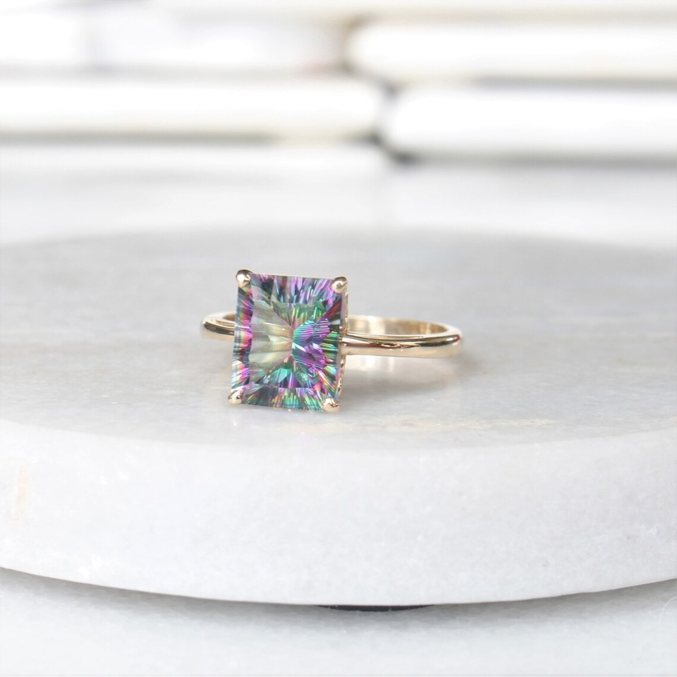 3.50 Cts Emerald Cut Rainbow Mystic Topaz Engagement Ring 14k Yellow ...