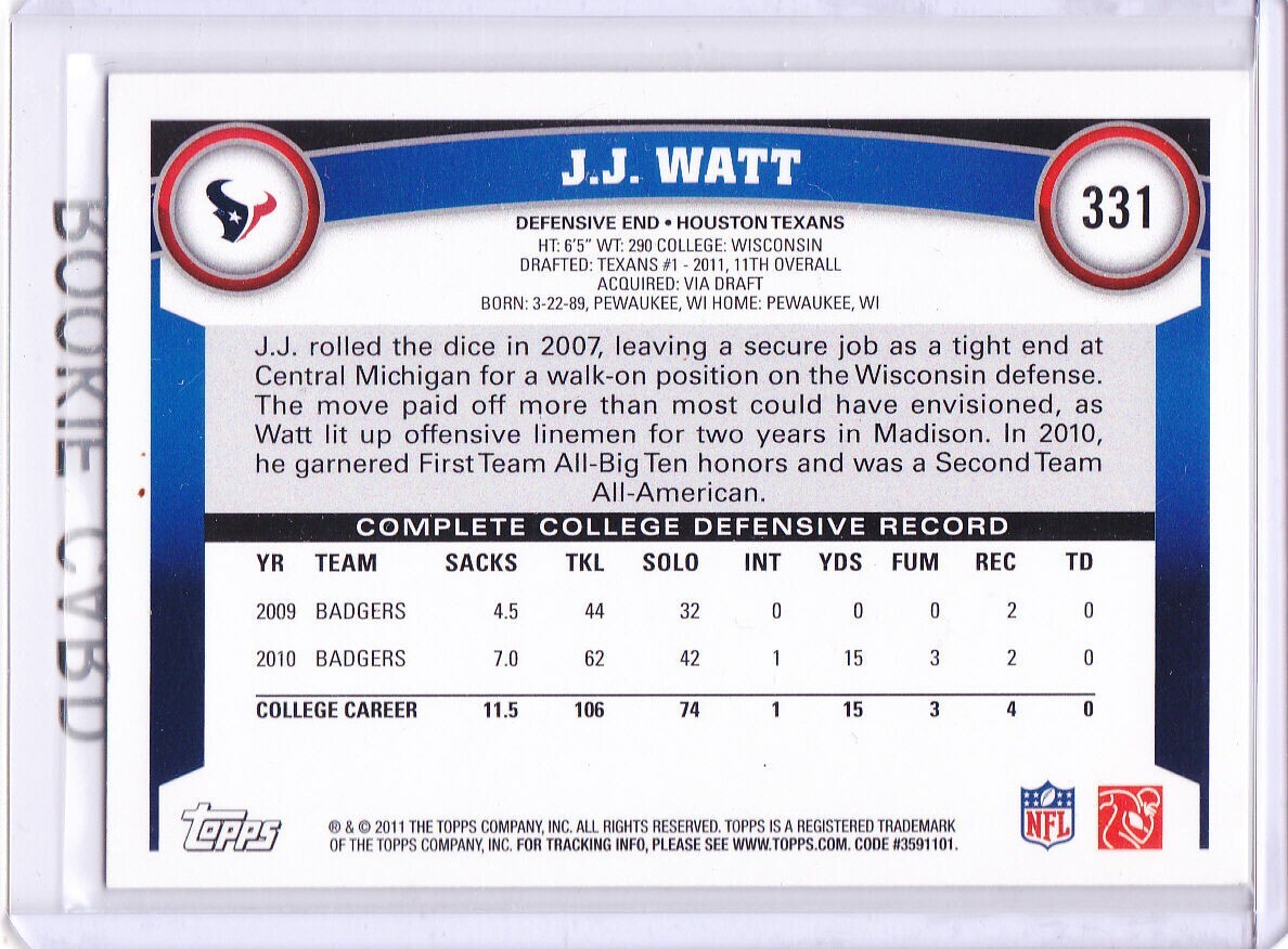 J.J. WATT ROOKIE CARD 2011 Topps #331 Football JJ RC mint from pack | eBay