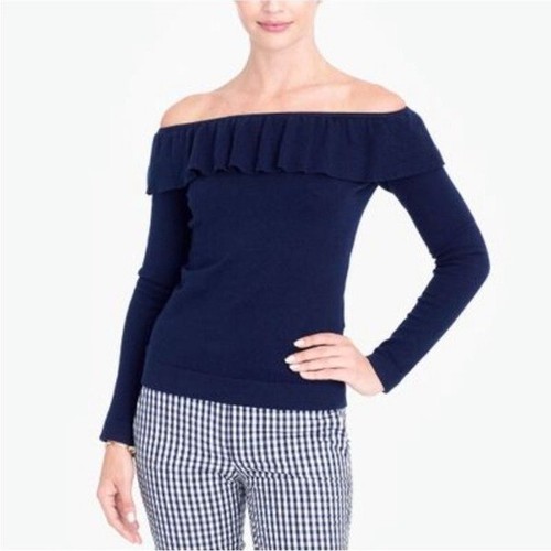 NWT J.Crew Size XS Ruffle Off-the-shoulder Sweater Navy Blue Knit ...