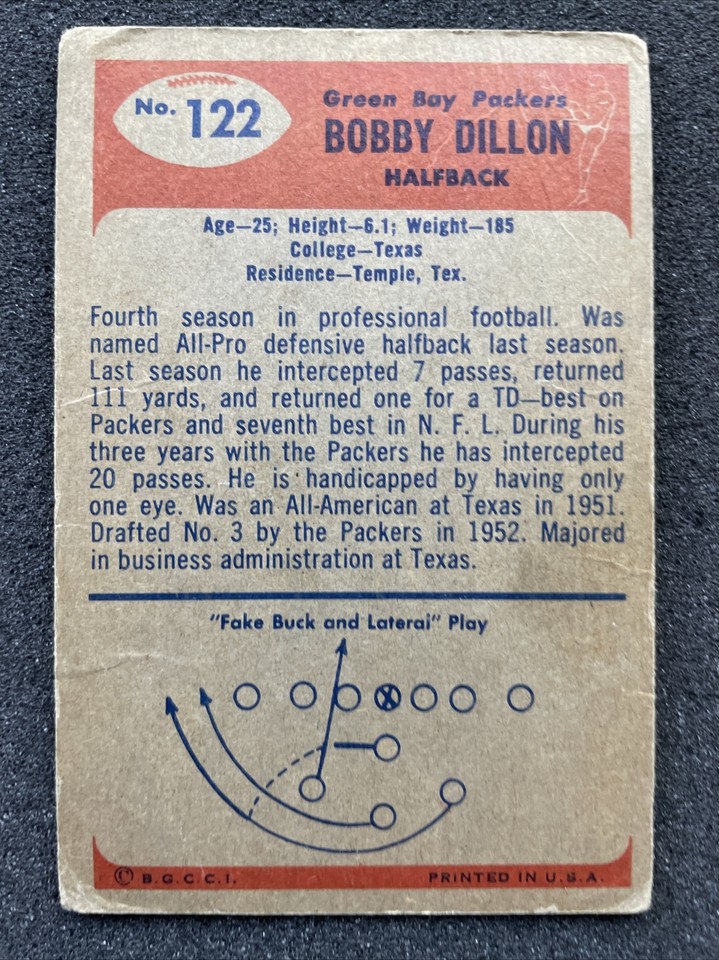 1955 Bowman - #122 Bobby Dillon (RC) Hall Of Fame - Green Bay Packers ...