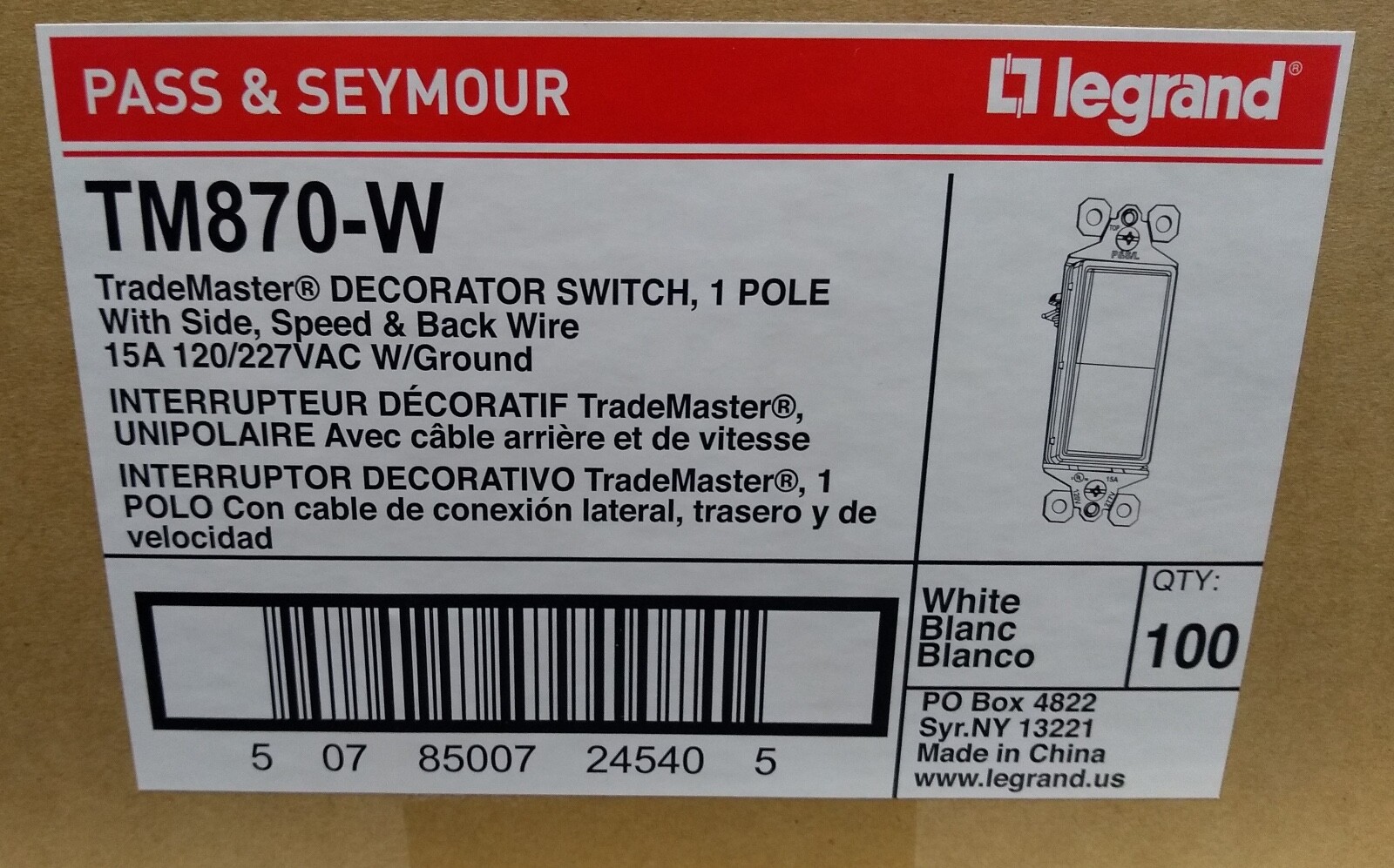 LOT OF 200 Pass Seymour TM870W 15 Amp WHITE 125 Volt 1 Pole NEW IN BOX ...