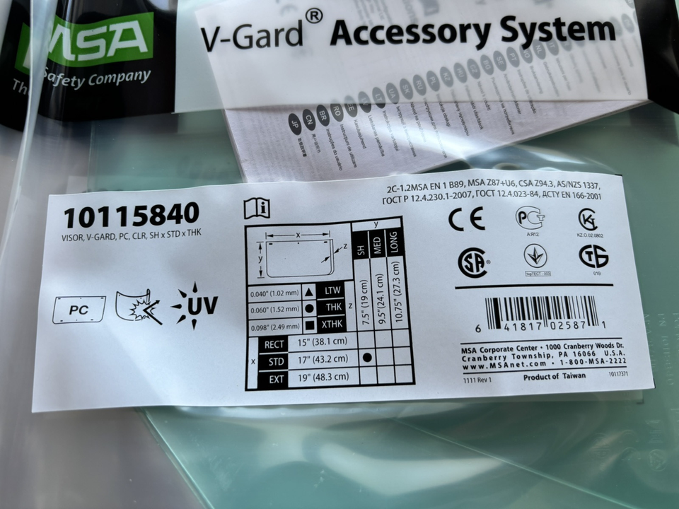 MSA 10 PK V-Gard Visor P/N 10115840 face shield, Unopened Box Of 10, PC ...