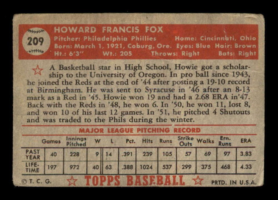 1952 Topps #209 Howie Fox G/VG X2548038 | eBay