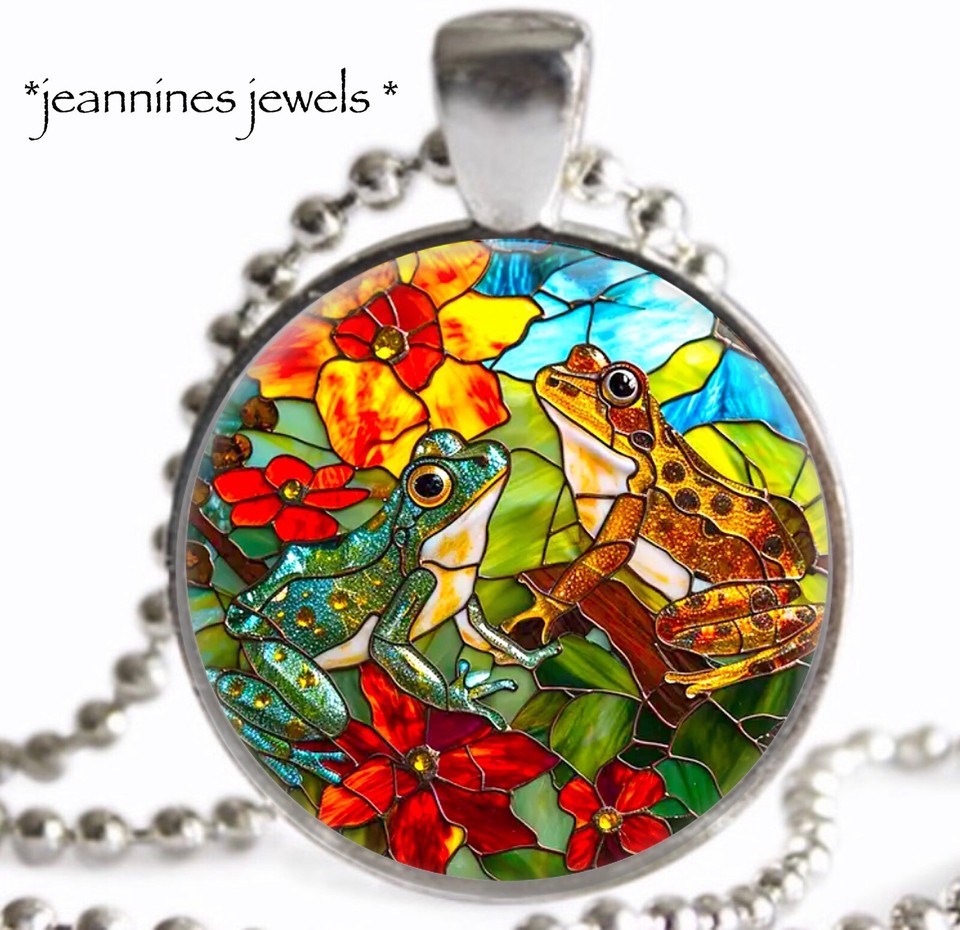 Frog Toad Necklace FAUX Stained Glass Spring Art Print Silver Charm ...