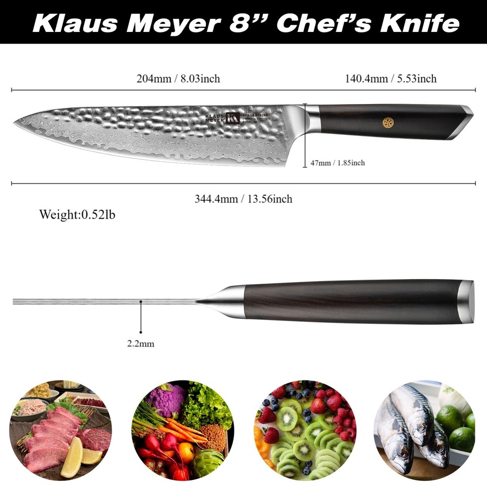 Klaus Meyer Spada Damascus Steel 8 inch Chef's Knife with Wood Sheath ...