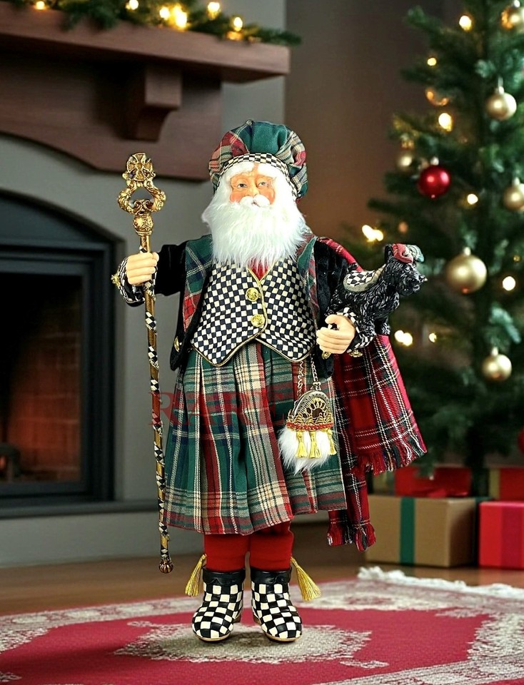 Mackenzie Childs Courtly Check Scottish Santa With Scottie 23" Tall New ...