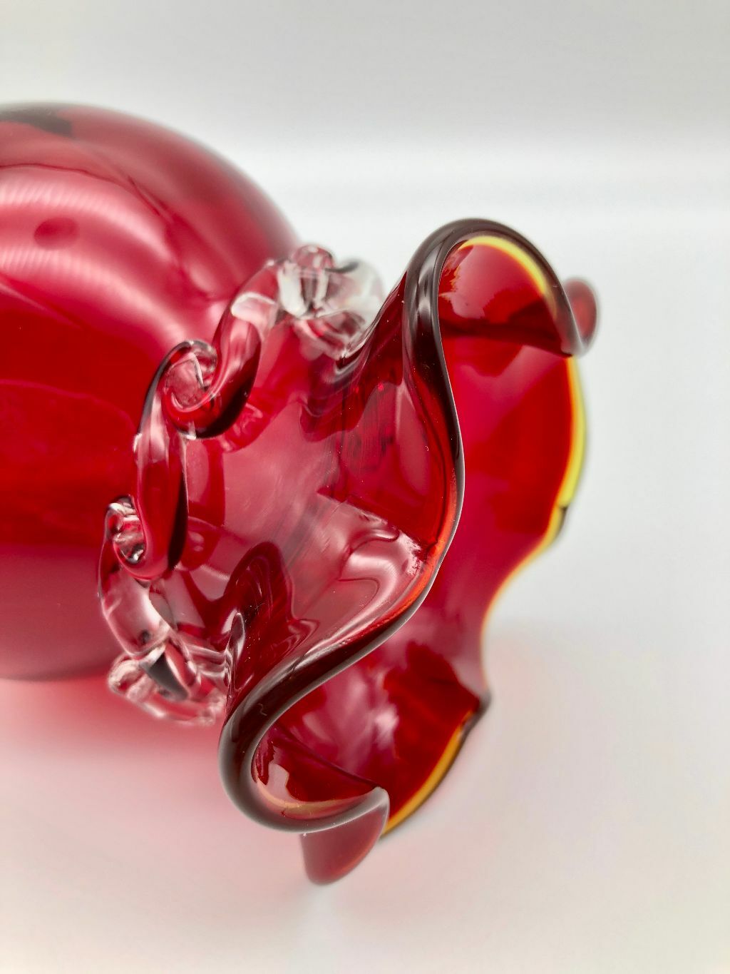 Viking Ruby Red Glass Vase with Applied Clear Band Ruffled Rim Amberina ...