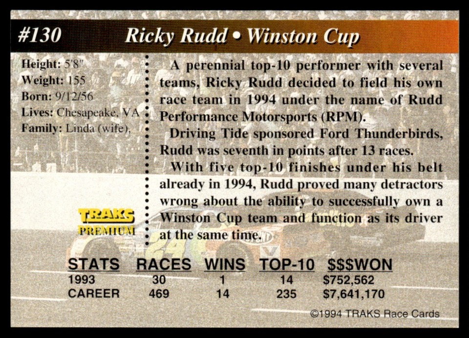 1994 Traks RICKY RUDD #130 Rudd Performance Motorsports - FREE Ship! | eBay