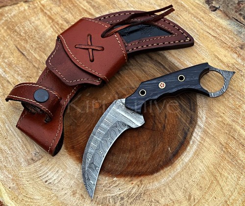 Handmade Damascus Steel Double Edge Fixed Blade Dagger Karambit knife ...