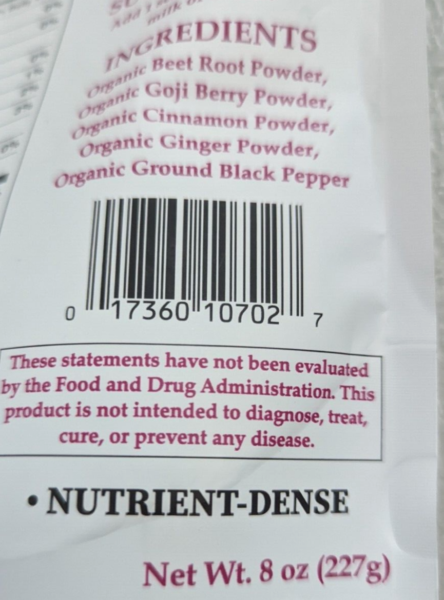 Organic Beet Latte W/ Goji Berry Cinnamon Ginger Black Pepper Powder 8 ...