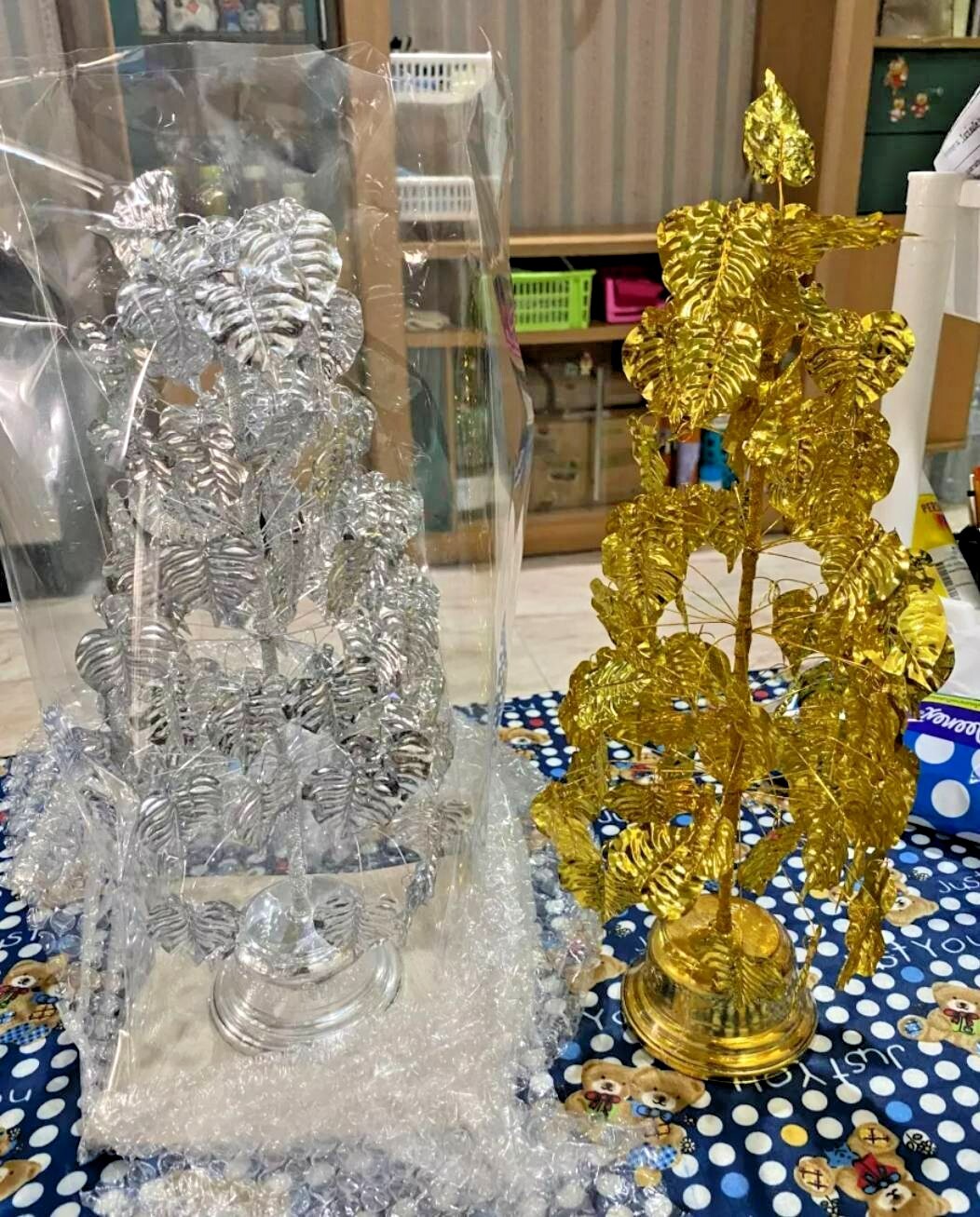 Pair Gold Silver Bodhi Tree Leaf Layers Stand Buddha Metal Plated Gild ...