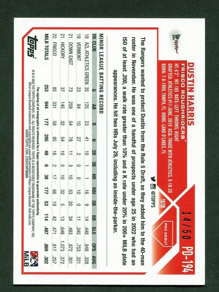 2023 Topps Pro Debut Dustin Harris Gold Foil Rookie Auto /50 Rangers | eBay