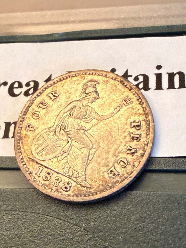1838 Great Britain 4 Pence Queen Victoria Britannia Silver Coin w ...