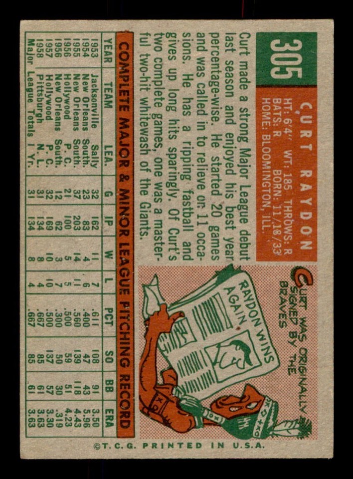 1959 Topps Baseball #305 Curt Raydon VG/EX *e2 | eBay